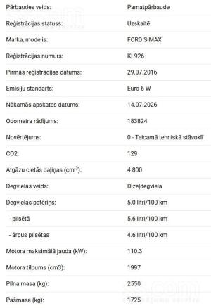 Форд С-Макс 2016 в Юрмала, объемом двигателя 2.00 л и пробегом 200 тыс. км за 7550 €, фото 21 на AUTOMOTO.COM.LV