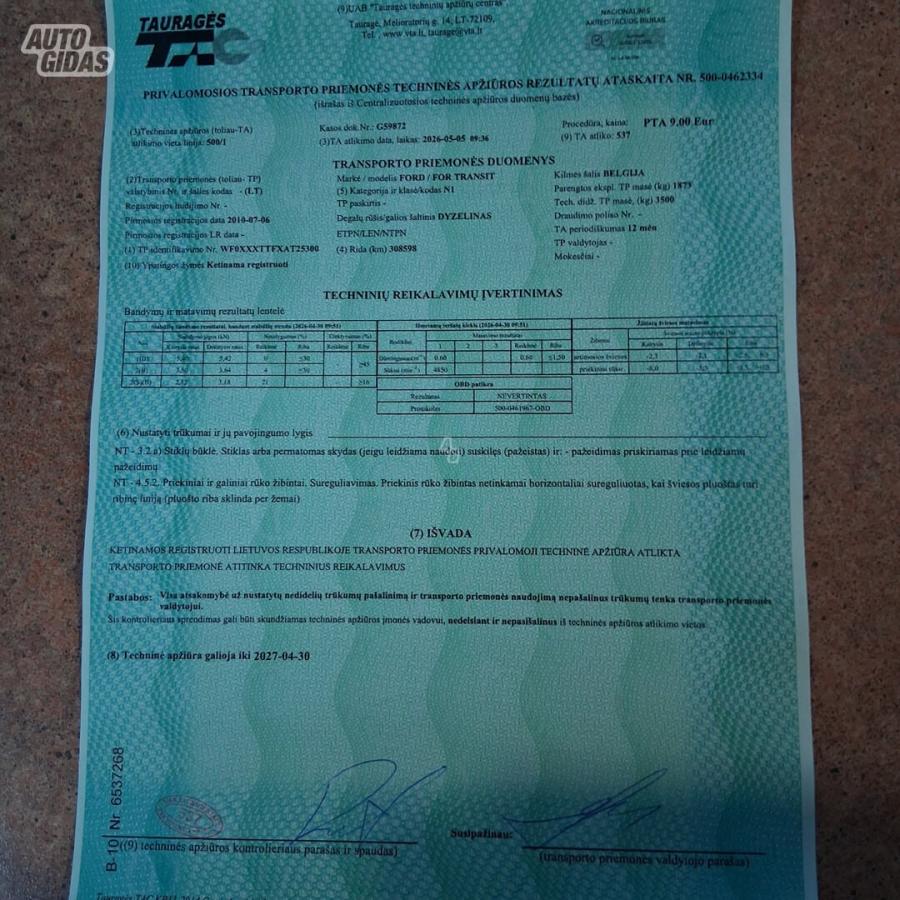 Ford Transit 2010 Tauragė, ar dzinēja tilpumu 2.20 L un nobraukumu 300 tūkst. km par 2300 €, foto 10 vietnē AUTOMOTO.COM.LV