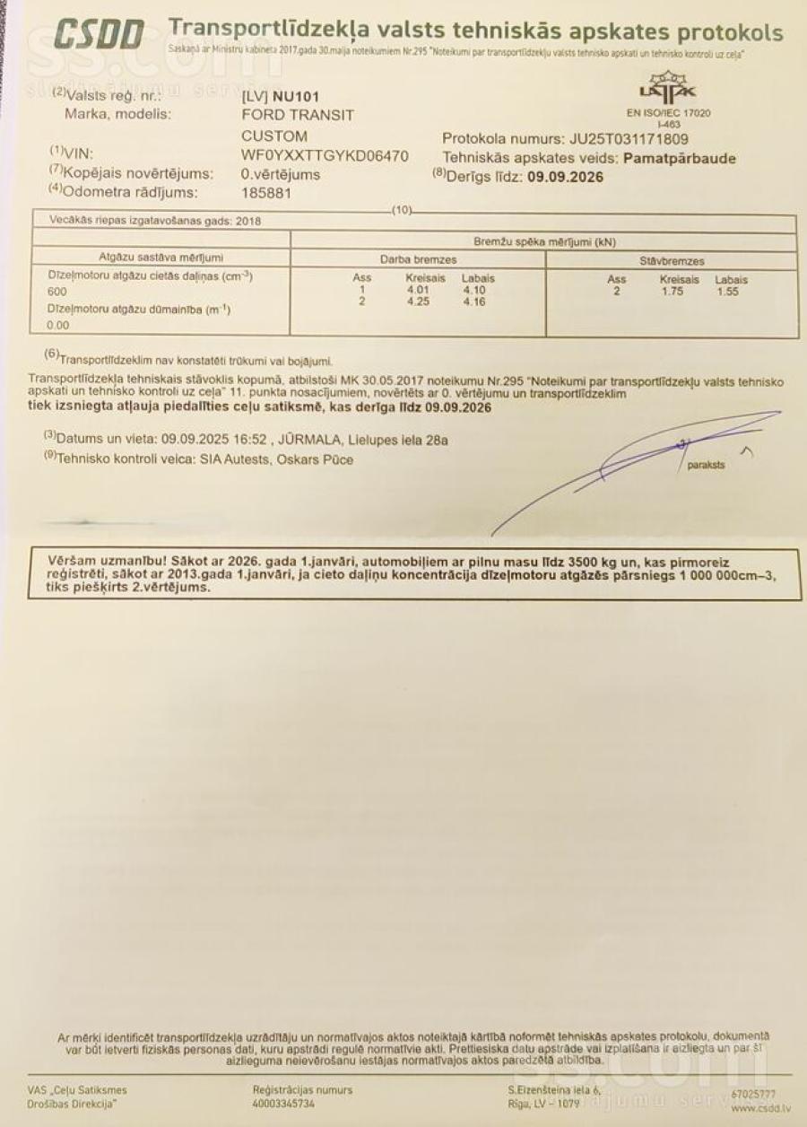 White Ford Transit 2019 in Jurmala, with an engine capacity of 2.00 L and mileage of 187 thousand km for 11000 €, photo 12 on AUTOMOTO.COM.LV