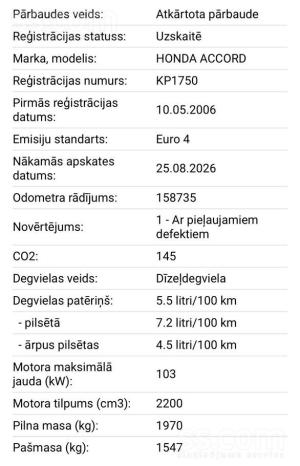 Черный Хонда Аккорд 2006 в Елгава, объемом двигателя 2.20 л и пробегом 289 тыс. км за 2700 €, фото 8 на AUTOMOTO.COM.LV