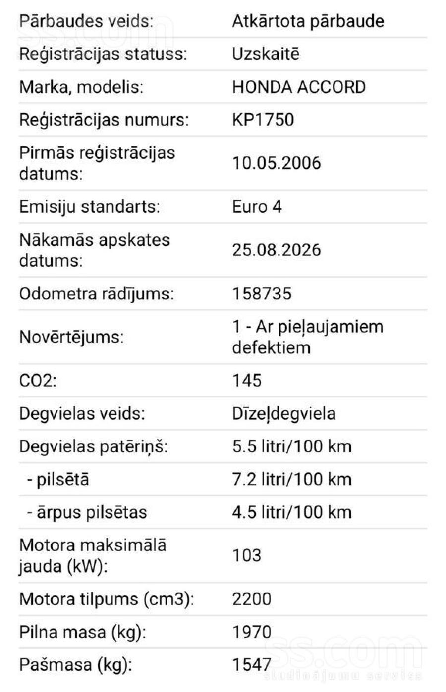Черный Хонда Аккорд 2006 в Елгава, объемом двигателя 2.20 л и пробегом 289 тыс. км за 2700 €, фото 8 на AUTOMOTO.COM.LV