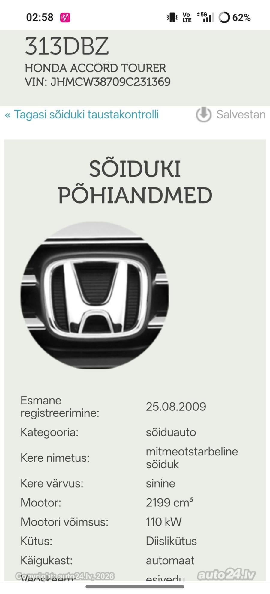 Синий Хонда Аккорд 2009 в Рапла, объемом двигателя 2.20 л и пробегом 288 тыс. км за 3400 €, фото 20 на AUTOMOTO.COM.LV