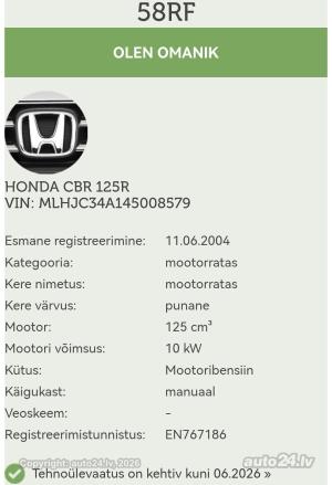 Sarkans Honda CBR 125 2004 Tallina, ar dzinēja tilpumu 0.13 L un nobraukumu 24 tūkst. km par 800 €, foto 7 vietnē AUTOMOTO.COM.LV