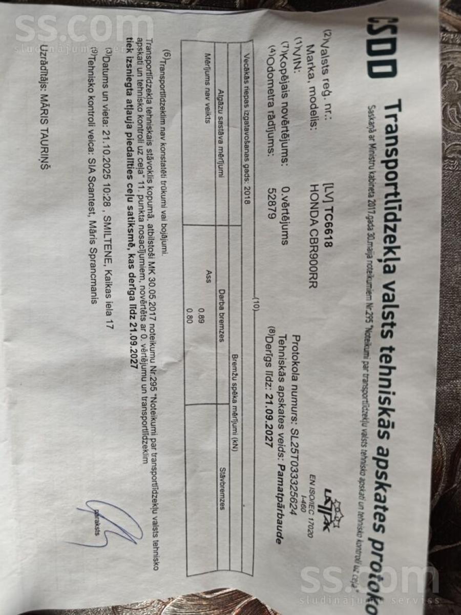 Хонда CBR 900RR 2000 в Валка, объемом двигателя 0.93 л и пробегом 0 тыс. км за 2666 €, фото 10 на AUTOMOTO.COM.LV