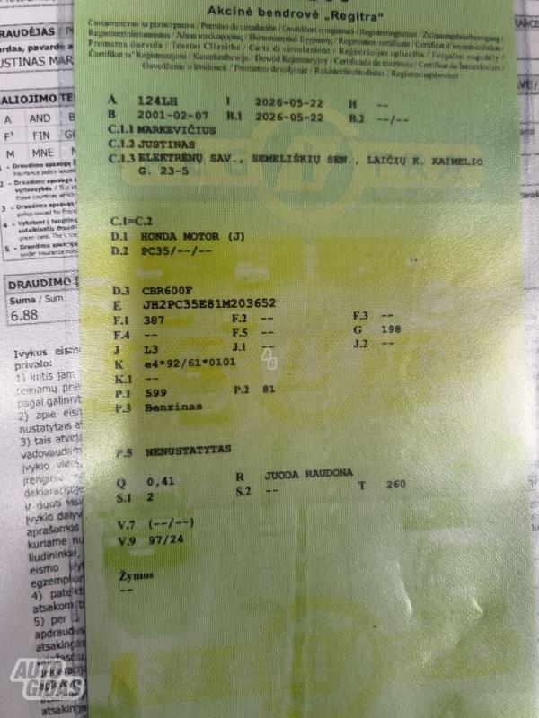 Honda Cbr 2001 in Vilnius, with an engine capacity of 0.60 L and mileage of 51 thousand km for 2200 €, photo 9 on AUTOMOTO.COM.LV