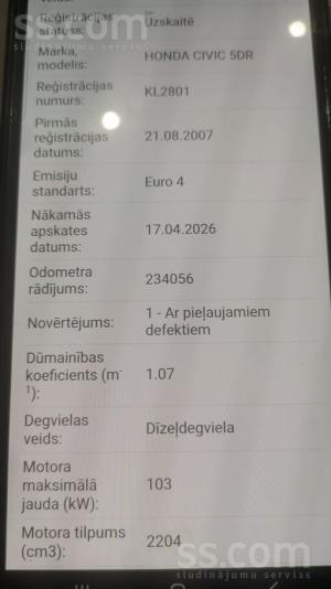 Black Honda Civic 2007 in Daugavpils, with an engine capacity of 2.20 L and mileage of 240 thousand km for 1700 €, photo 25 on AUTOMOTO.COM.LV