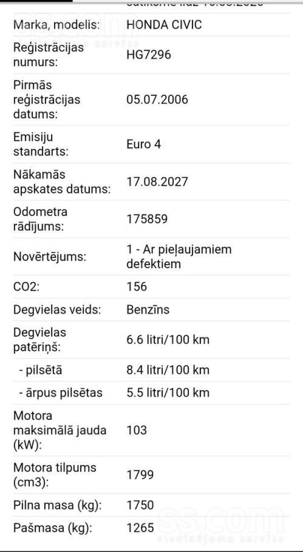 Brūns Honda Civic 2006 Jelgava, ar dzinēja tilpumu 1.80 L un nobraukumu 175 tūkst. km par 1850 €, foto 3 vietnē AUTOMOTO.COM.LV