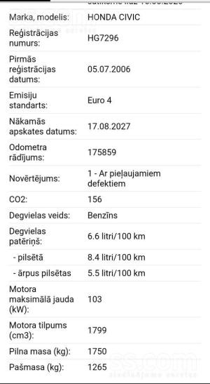 Brown Honda Civic 2006 in Jelgava, with an engine capacity of 1.80 L and mileage of 175 thousand km for 1850 €, photo 4 on AUTOMOTO.COM.LV