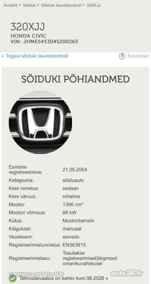 Хонда Цивик 2004 в Тарту, объемом двигателя 1.40 л и пробегом 306 тыс. км за 1299 €, фото 18 на AUTOMOTO.COM.LV