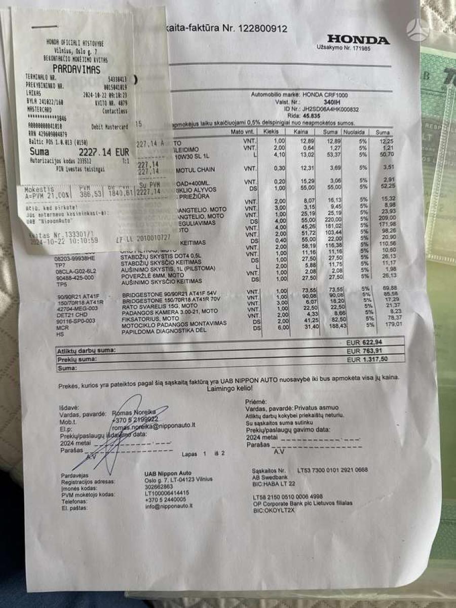 Honda CRF 2016 in Vilnius, with an engine capacity of 1.00 L and mileage of 49 thousand km for 8000 €, photo 5 on AUTOMOTO.COM.LV