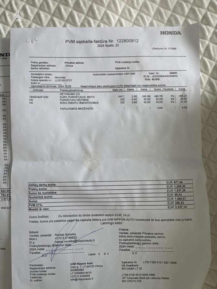 Honda CRF 2016 in Vilnius, with an engine capacity of 1.00 L and mileage of 49 thousand km for 8000 €, photo 6 on AUTOMOTO.COM.LV