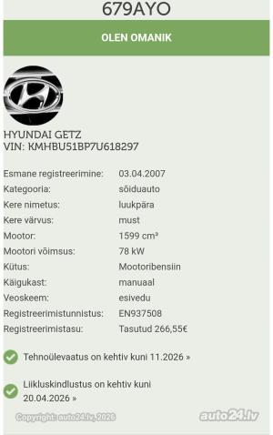 Черный Хендай Гетц 2007 в Таллин, объемом двигателя 1.60 л и пробегом 259 тыс. км за 1599 €, фото 11 на AUTOMOTO.COM.LV