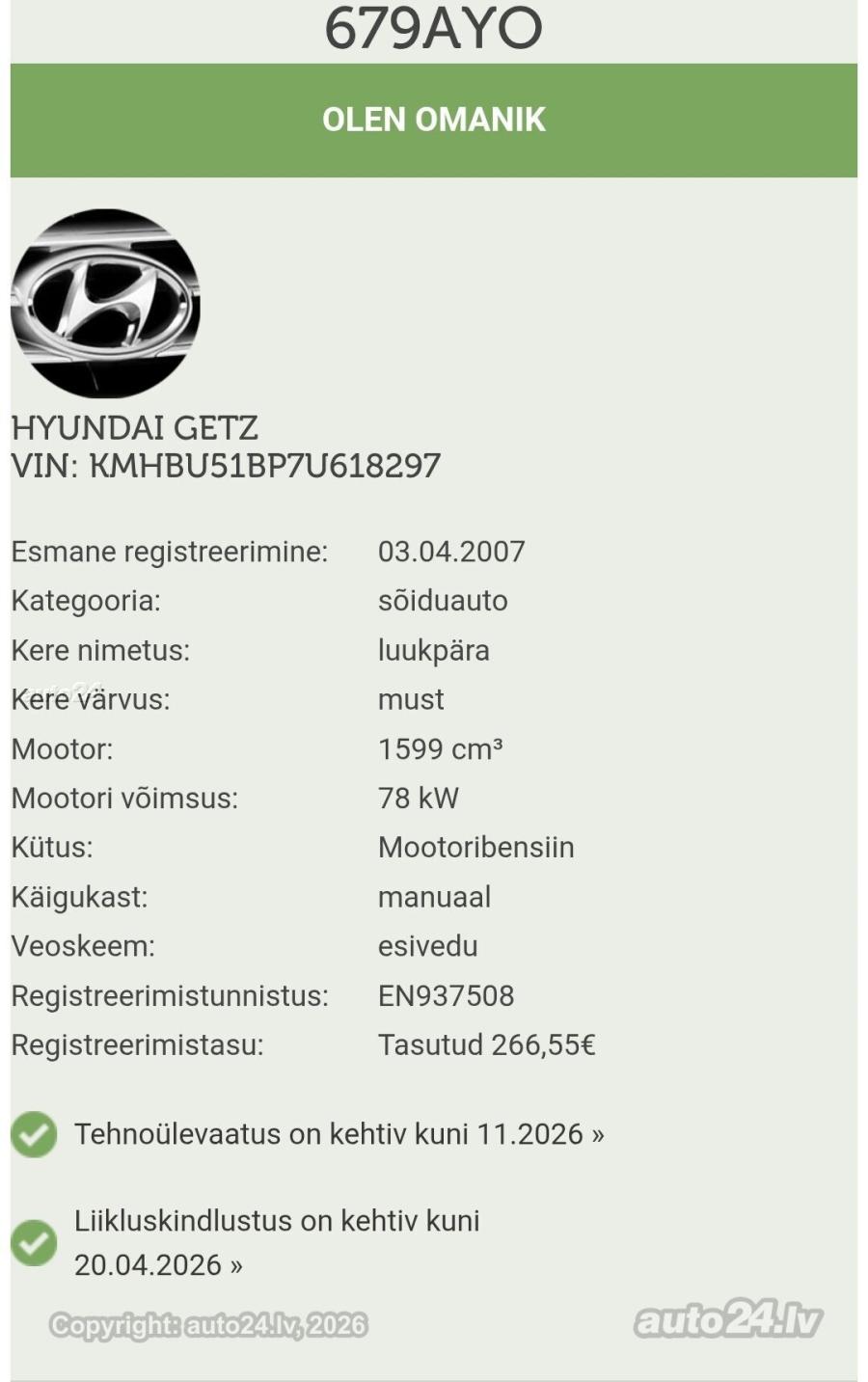 Черный Хендай Гетц 2007 в Таллин, объемом двигателя 1.60 л и пробегом 259 тыс. км за 1599 €, фото 11 на AUTOMOTO.COM.LV