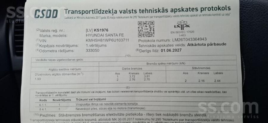 Черный Хендай Санта Фе 2006 в Лимбажи, объемом двигателя 2.20 л и пробегом 333 тыс. км за 3400 €, фото 13 на AUTOMOTO.COM.LV