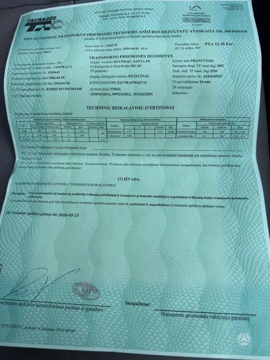 Melns Hyundai Santa Fe 2006 Tauragė, ar dzinēja tilpumu 1.99 L un nobraukumu 372 tūkst. km par 1550 €, foto 14 vietnē AUTOMOTO.COM.LV