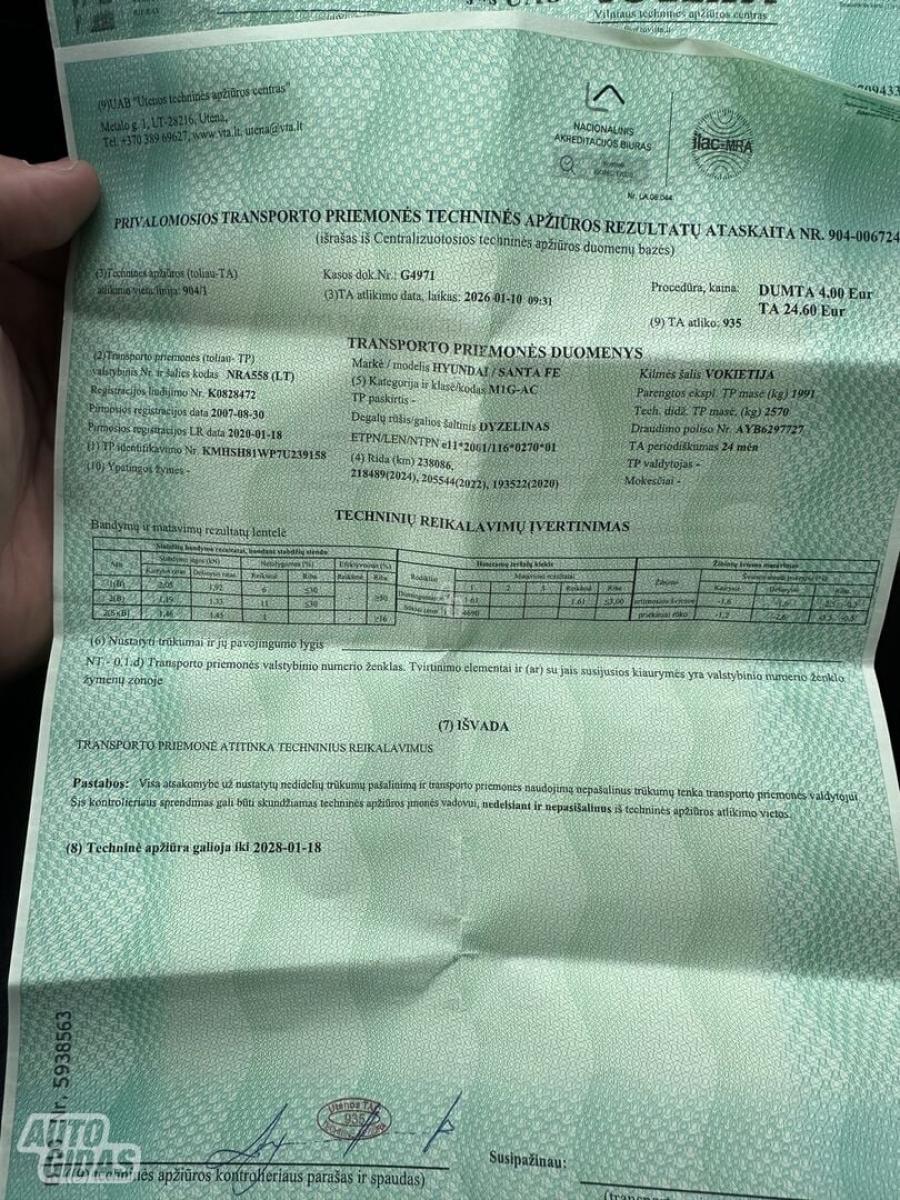 Хендай Санта Фе 2007 в Вильнюс, объемом двигателя 2.20 л и пробегом 242 тыс. км за 2600 €, фото 14 на AUTOMOTO.COM.LV