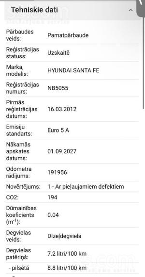 White Hyundai Santa Fe 2012 in Riga, with an engine capacity of 2.10 L and mileage of 192 thousand km for 5800 €, photo 16 on AUTOMOTO.COM.LV