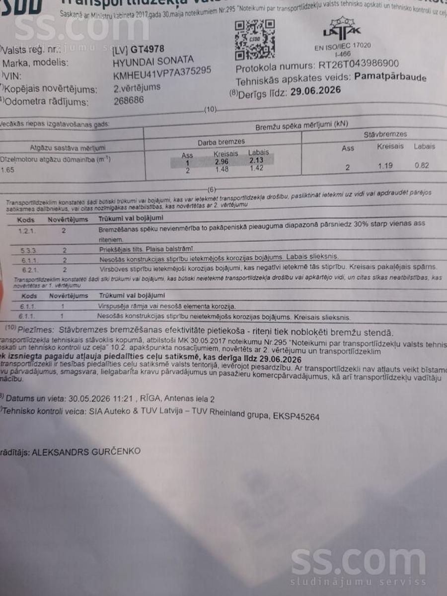 Hyundai Sonata 2007 Rīga, ar dzinēja tilpumu 2.00 L un nobraukumu 269 tūkst. km par 750 €, foto 10 vietnē AUTOMOTO.COM.LV