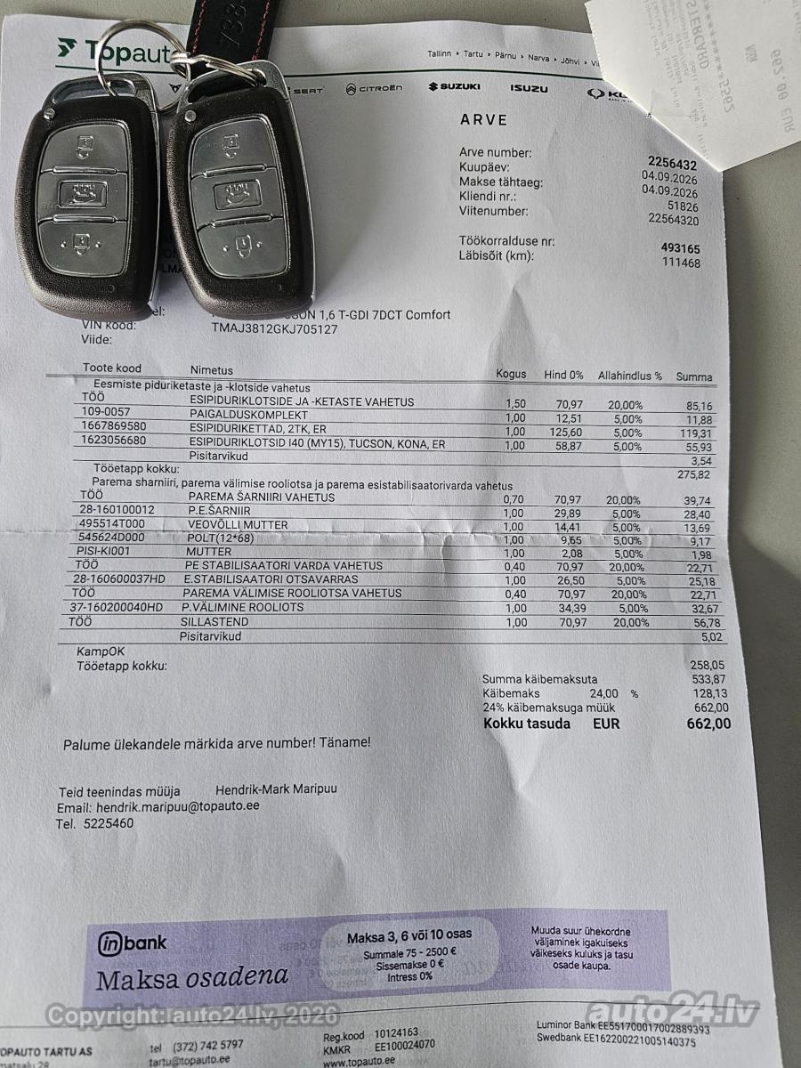 Black Hyundai Tucson 2019 in Paide, with an engine capacity of 1.60 L and mileage of 114 thousand km for 13990 €, photo 26 on AUTOMOTO.COM.LV