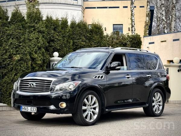 Black Infiniti QX56 2012 in Riga, with an engine capacity of 5.60 L and mileage of 148 thousand km for 12000 €, photo 1 on AUTOMOTO.COM.LV