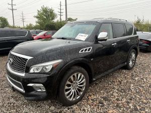 Black Infiniti QX80 2015 in Vilnius, with an engine capacity of 5.55 L and mileage of 293 thousand km for 8500 €, photo 5 on AUTOMOTO.COM.LV