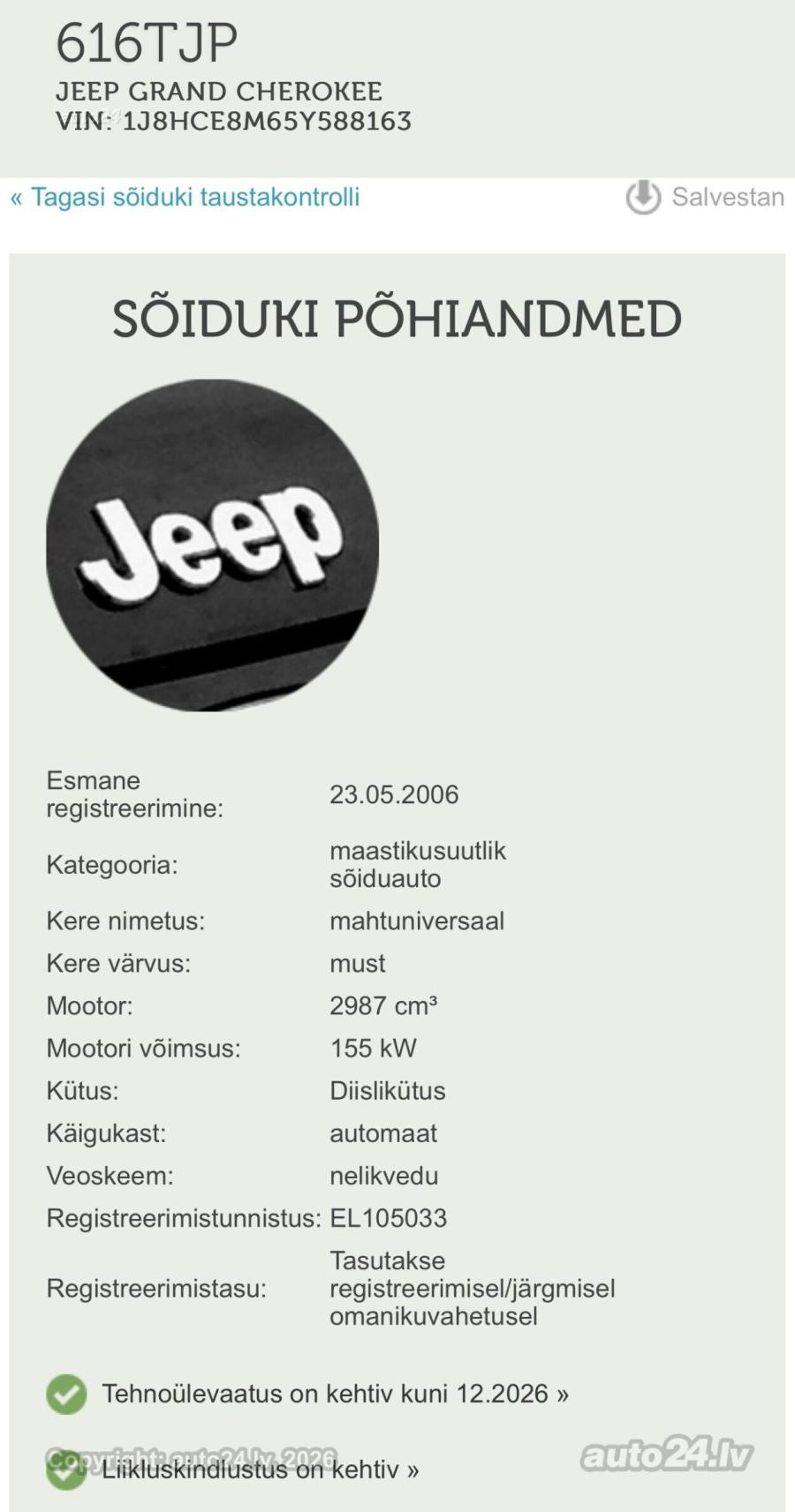 Black Jeep Grand Cherokee 2006 in Tartu, with an engine capacity of 3.00 L and mileage of 0 thousand km for 3999 €, photo 16 on AUTOMOTO.COM.LV
