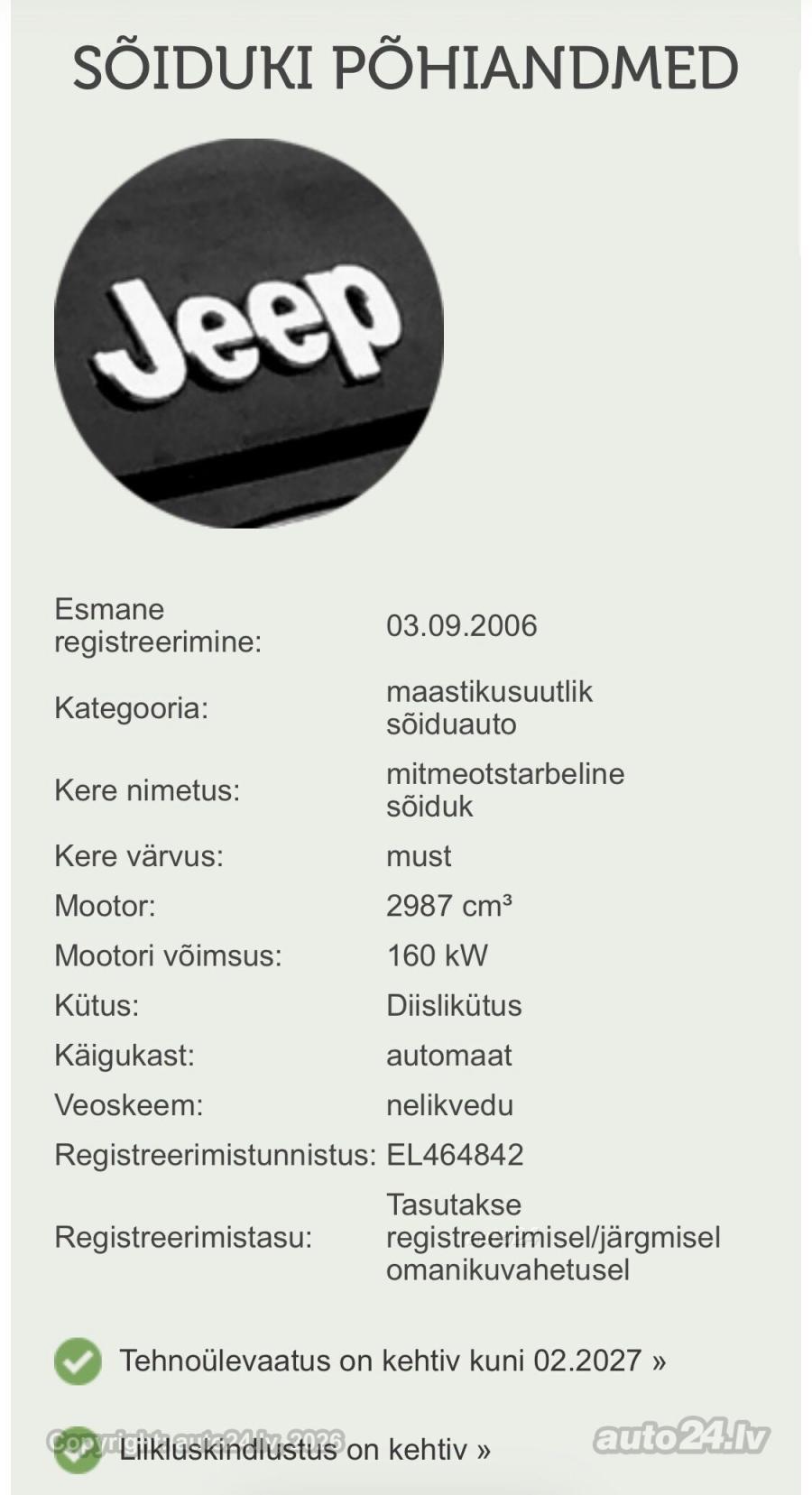 Черный Джип Гранд Чероки 2006 в Тарту, объемом двигателя 3.00 л и пробегом 0 тыс. км за 3999 €, фото 19 на AUTOMOTO.COM.LV