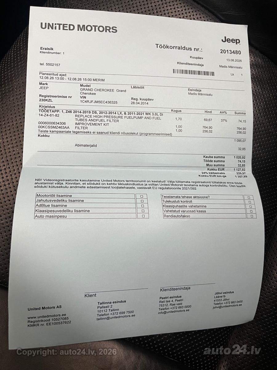 Black Jeep Grand Cherokee 2014 in Tallinn, with an engine capacity of 3.00 L and mileage of 265 thousand km for 13450 €, photo 11 on AUTOMOTO.COM.LV