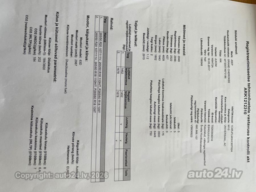 Grey Jeep Grand Cherokee 2017 in Tartu, with an engine capacity of 3.00 L and mileage of 199 thousand km for 17990 €, photo 23 on AUTOMOTO.COM.LV