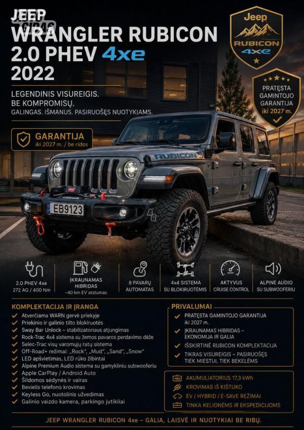 Pelēks Jeep Wrangler 2022 Kauņa, ar dzinēja tilpumu 2.00 L un nobraukumu 72 tūkst. km par 51999 €, foto 1 vietnē AUTOMOTO.COM.LV