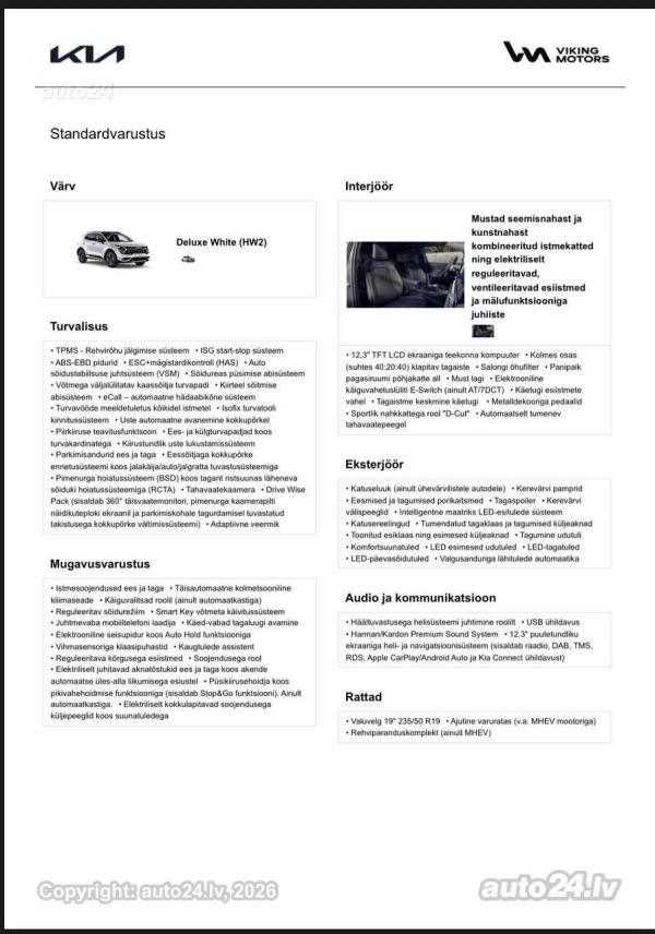 White Kia Sportage 2024 in Tallinn, with an engine capacity of 1.60 L and mileage of 62 thousand km for 27900 €, photo 7 on AUTOMOTO.COM.LV