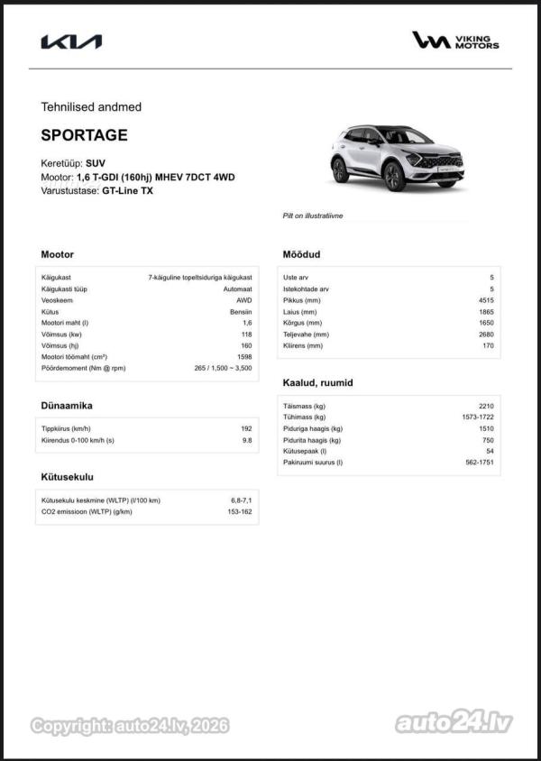 White Kia Sportage 2024 in Tallinn, with an engine capacity of 1.60 L and mileage of 62 thousand km for 27900 €, photo 8 on AUTOMOTO.COM.LV