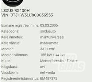 Lexus RX 400h 2006 in Panevezys, with an engine capacity of 3.30 L and mileage of 330 thousand km for 2500 €, photo 3 on AUTOMOTO.COM.LV