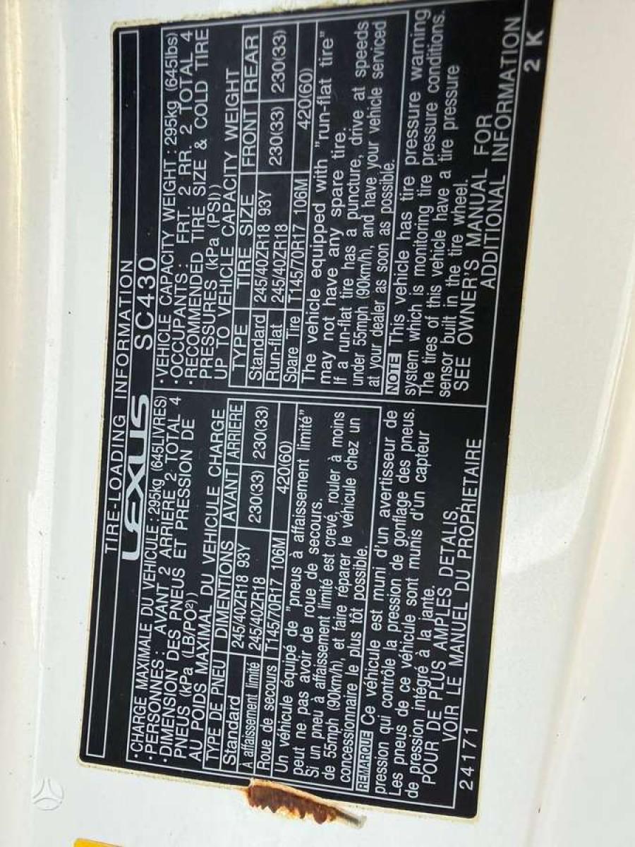 White Lexus SC 430 2003 in Vilnius, with an engine capacity of 4.29 L and mileage of 48 thousand km for 14500 €, photo 11 on AUTOMOTO.COM.LV