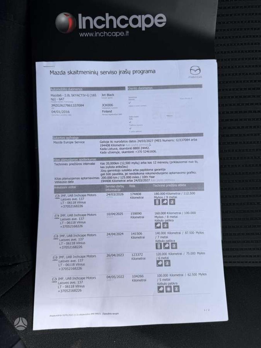 Black Mazda 6 2016 in Vilnius, with an engine capacity of 2.00 L and mileage of 178 thousand km for 11000 €, photo 29 on AUTOMOTO.COM.LV