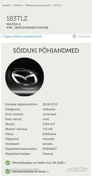 Black Mazda 6 2010 in Tartu, with an engine capacity of 2.20 L and mileage of 273 thousand km for 2999 €, photo 16 on AUTOMOTO.COM.LV