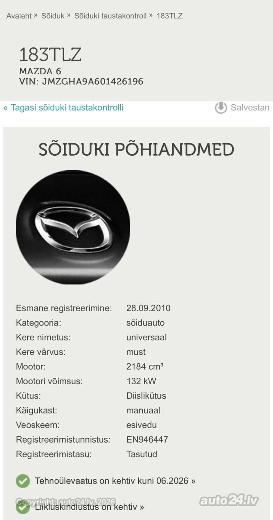 Black Mazda 6 2010 in Tartu, with an engine capacity of 2.20 L and mileage of 273 thousand km for 2999 €, photo 16 on AUTOMOTO.COM.LV