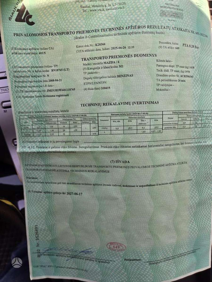 Синий Мазда 6 2008 в Радвилишкис, объемом двигателя 2.00 л и пробегом 312 тыс. км за 1500 €, фото 10 на AUTOMOTO.COM.LV