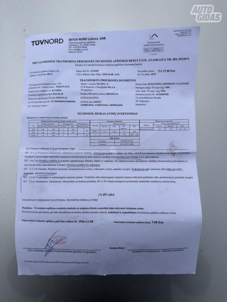Мазда 6 2012 в Вильнюс, объемом двигателя 2.50 л и пробегом 161 тыс. км за 1500 €, фото 18 на AUTOMOTO.COM.LV