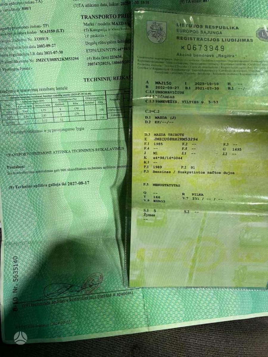 Желтый Мазда Трибьют 2002 в Вильнюс, объемом двигателя 1.99 л и пробегом 238 тыс. км за 1240 €, фото 11 на AUTOMOTO.COM.LV