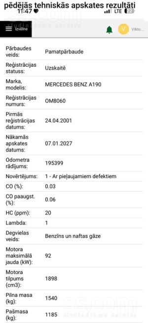 Белый Мерседес А 170 2001 в Рига, объемом двигателя 1.70 л и пробегом 195 тыс. км за 900 €, фото 6 на AUTOMOTO.COM.LV