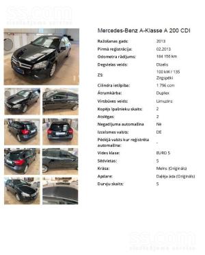 Black Mercedes-Benz A 200 2013 in Riga, with an engine capacity of 1.80 L and mileage of 194 thousand km for 9900 €, photo 10 on AUTOMOTO.COM.LV