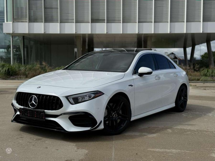 White Mercedes-Benz A 35 AMG 2020 in Vilnius, with an engine capacity of 2.00 L and mileage of 74 thousand km for 28990 €, photo 1 on AUTOMOTO.COM.LV