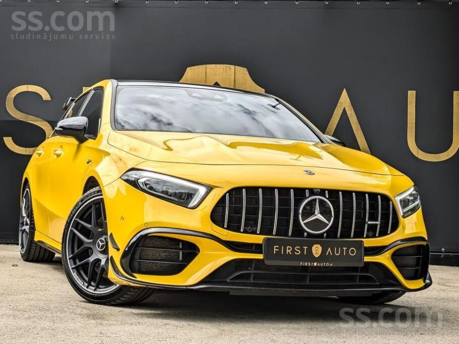Yellow Mercedes-Benz A 45 AMG 2020 in Tukums, with an engine capacity of 2.00 L and mileage of 106 thousand km for 34990 €, photo 1 on AUTOMOTO.COM.LV