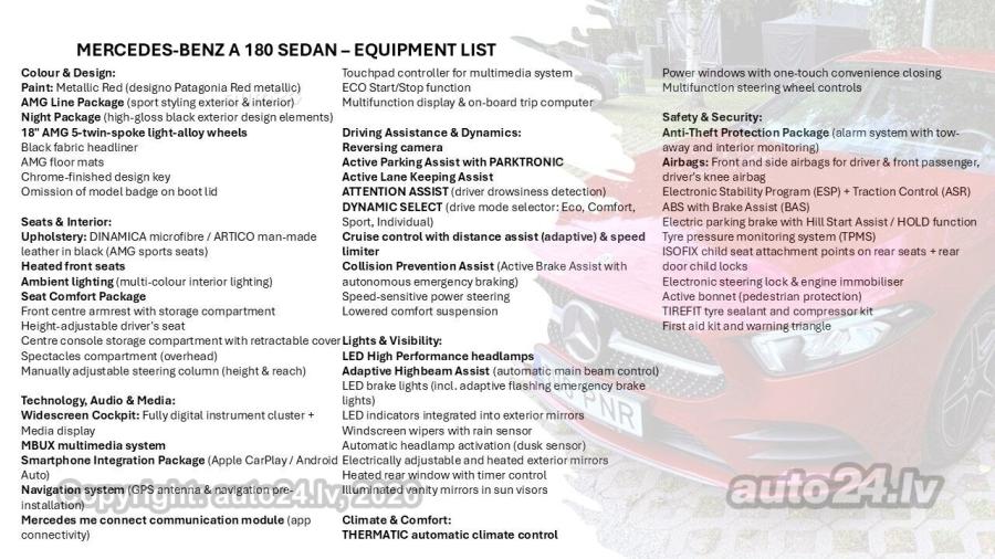 Sarkans Mercedes-Benz A-Class 2020 Tallina, ar dzinēja tilpumu 1.30 L un nobraukumu 45 tūkst. km par 23500 €, foto 23 vietnē AUTOMOTO.COM.LV