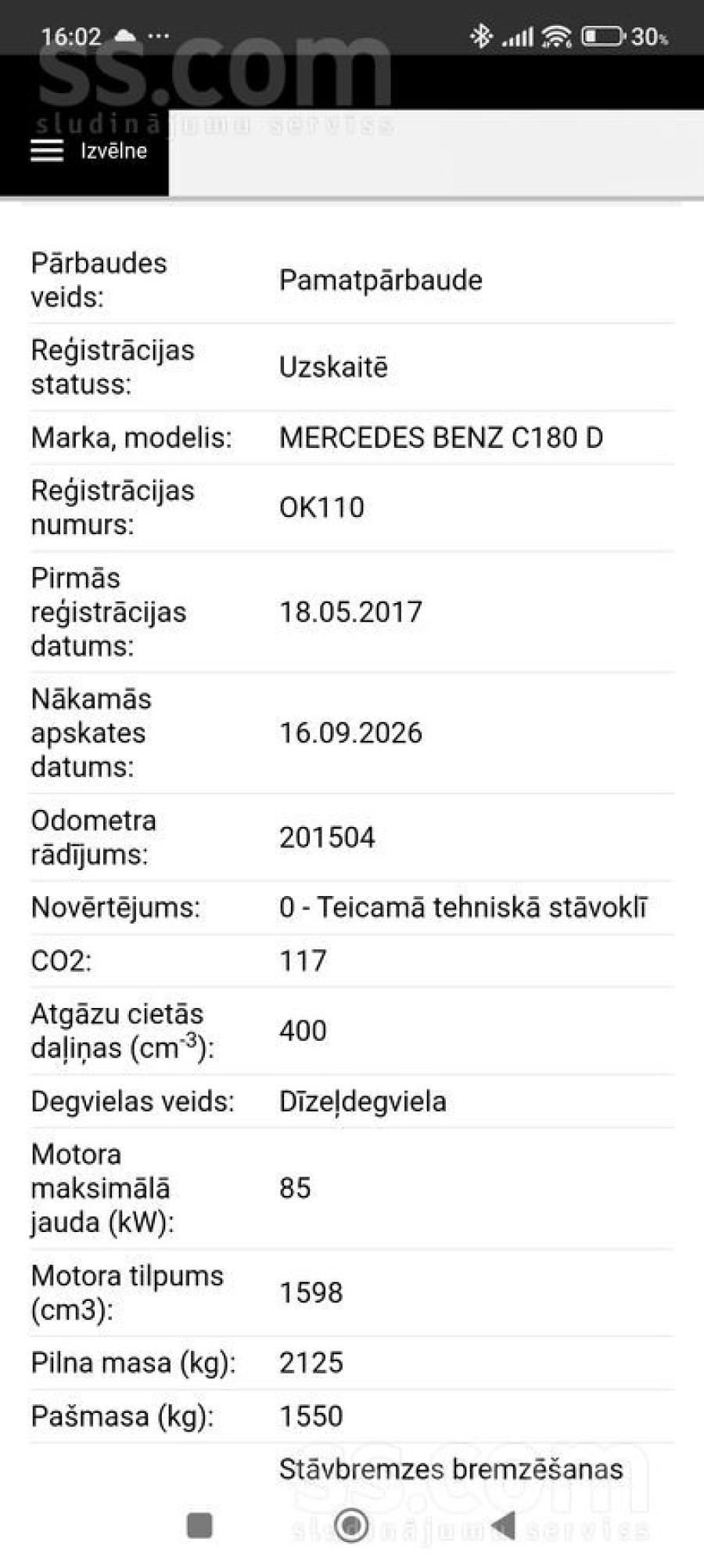 Black Mercedes-Benz C 180 2017 in Riga, with an engine capacity of 1.60 L and mileage of 209 thousand km for 11700 €, photo 19 on AUTOMOTO.COM.LV
