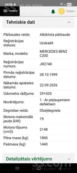 Zils Mercedes-Benz C 200 1999 Rīga, ar dzinēja tilpumu 2.20 L un nobraukumu 291 tūkst. km par 1700 €, foto 13 vietnē AUTOMOTO.COM.LV