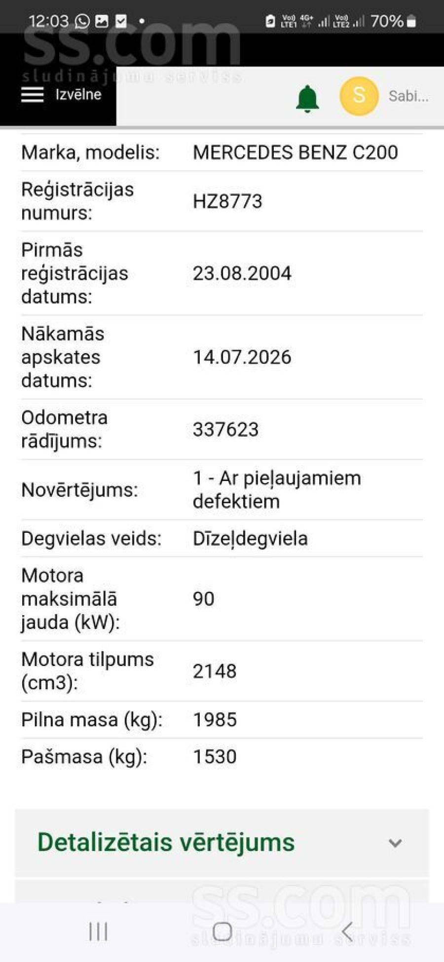 Grey Mercedes-Benz C 200 2004 in Riga, with an engine capacity of 2.20 L and mileage of 0 thousand km for 1190 €, photo 28 on AUTOMOTO.COM.LV