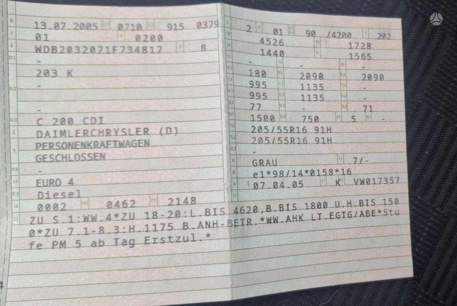Серый Мерседес Ц 200 2005 в Биржай, объемом двигателя 2.20 л и пробегом 350 тыс. км за 1300 €, фото 4 на AUTOMOTO.COM.LV