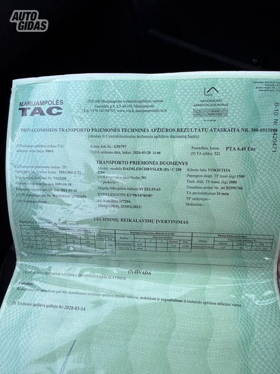 Мерседес Ц 200 2005 в Мариямполе, объемом двигателя 2.10 л и пробегом 318 тыс. км за 1200 €, фото 9 на AUTOMOTO.COM.LV